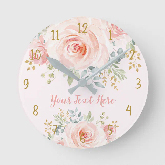 Pretty Blush Pink Gold Rose Floral Round Clock | Zazzle