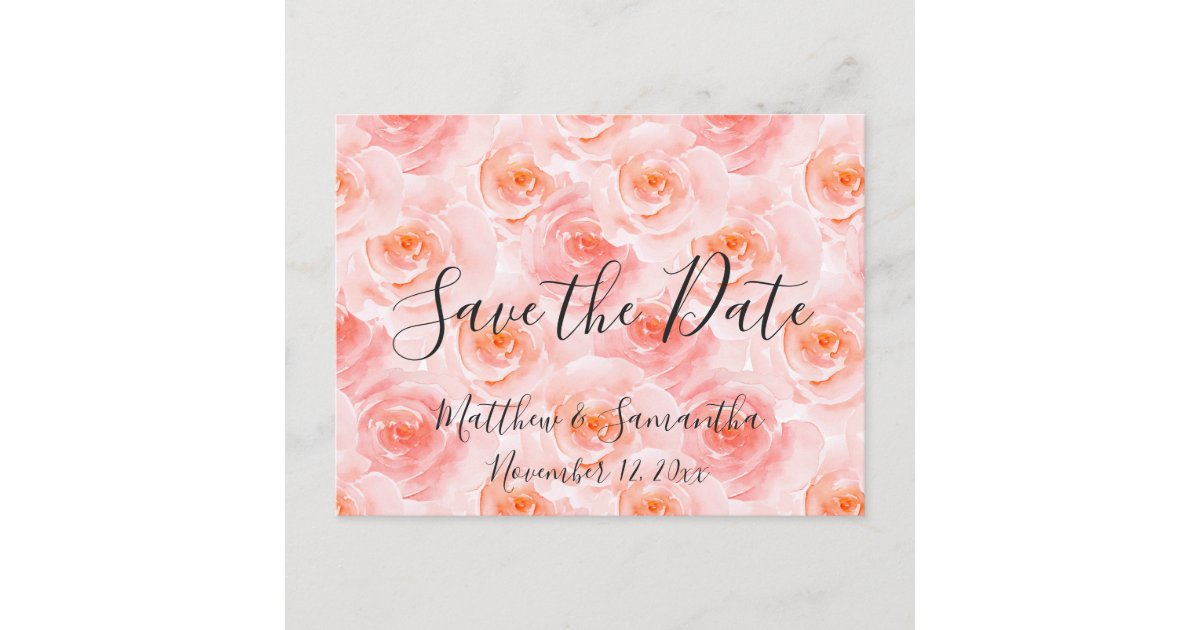 Pretty Blush Pink Watercolor Roses Save the Date Announcement Postcard ...