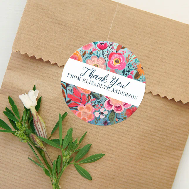 Pretty Botanical Girly Floral Thank You Classic Round Sticker | Zazzle