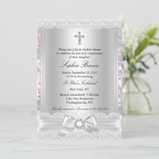 Pretty Bow Cross First Communion Purple Invitation | Zazzle