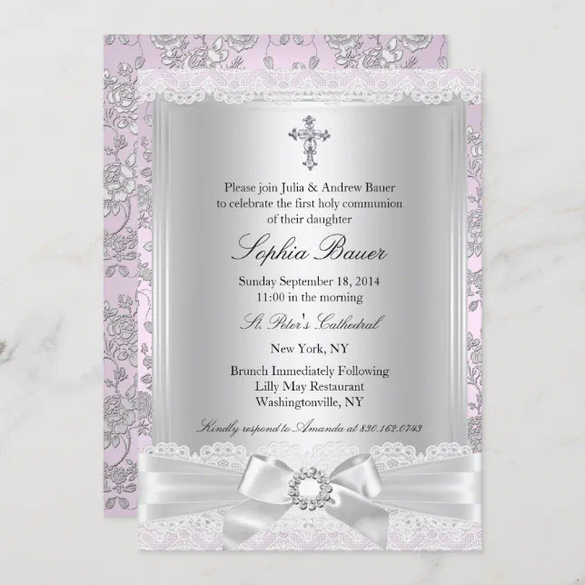 Pretty Bow Cross First Communion Purple Invitation | Zazzle