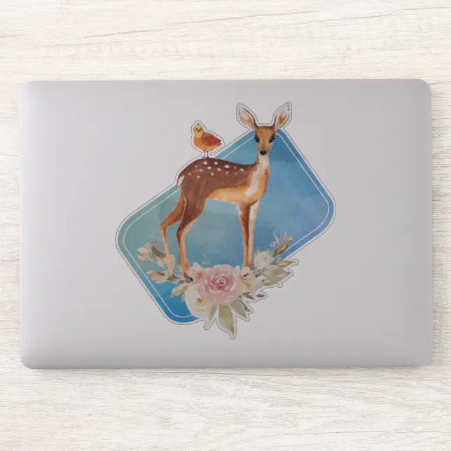 Pretty Brown Fawn with Bird and Roses Sticker | Zazzle