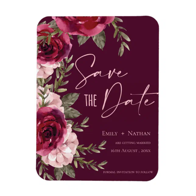 Pretty Burgundy Peach Floral Wedding Save the Date Magnet | Zazzle