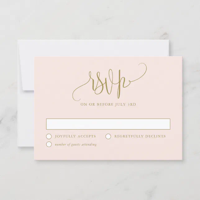 Pretty Calligraphy Script Blush and Gold Wedding RSVP Card | Zazzle