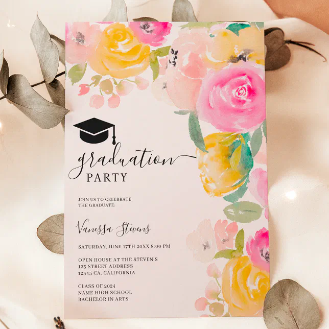 Pretty chic garden floral watercolor graduation invitation | Zazzle