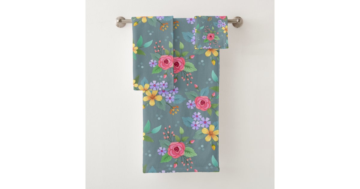 Pretty Colorful Hand Drawn Flower Pattern Bath Towel Set | Zazzle