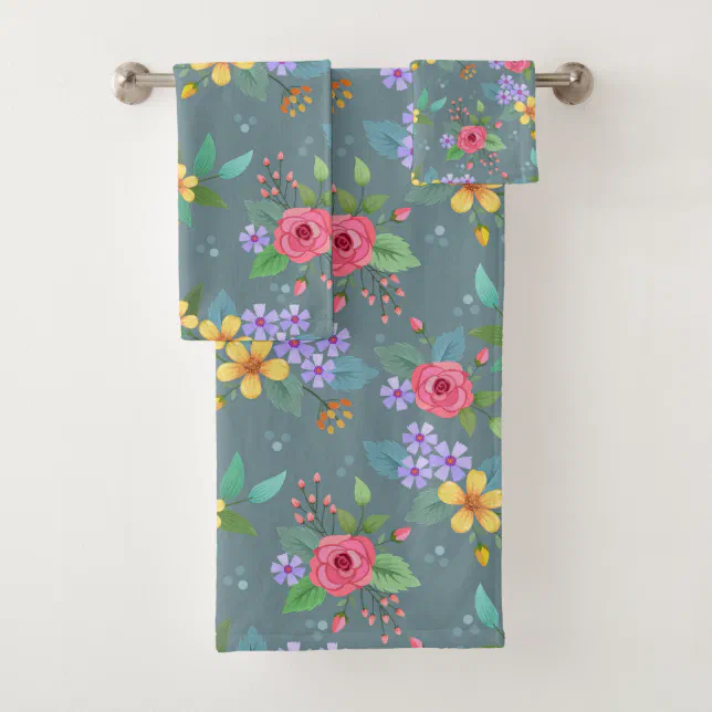 Pretty Colorful Hand Drawn Flower Pattern Bath Towel Set | Zazzle