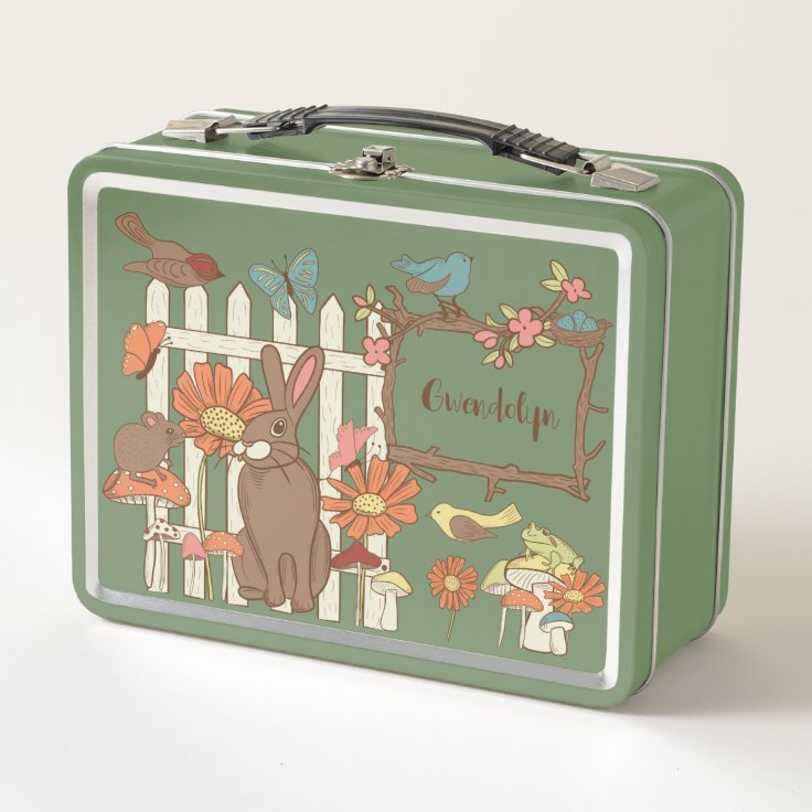 Pretty Cottagecore Birds and Animals Personalized Metal Lunch Box | Zazzle