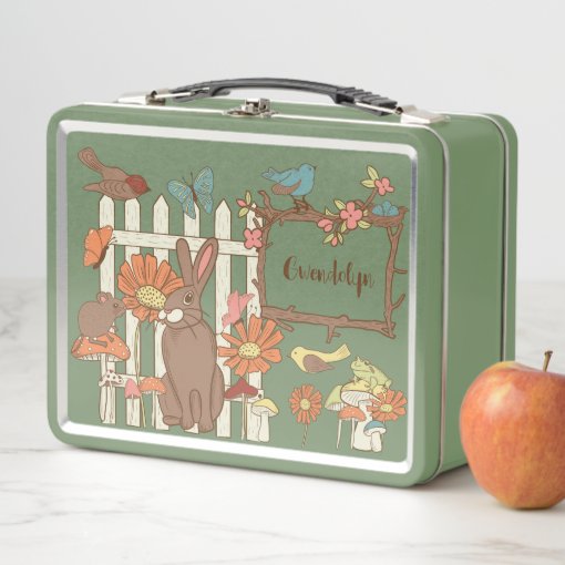 Pretty Cottagecore Birds and Animals Personalized Metal Lunch Box | Zazzle