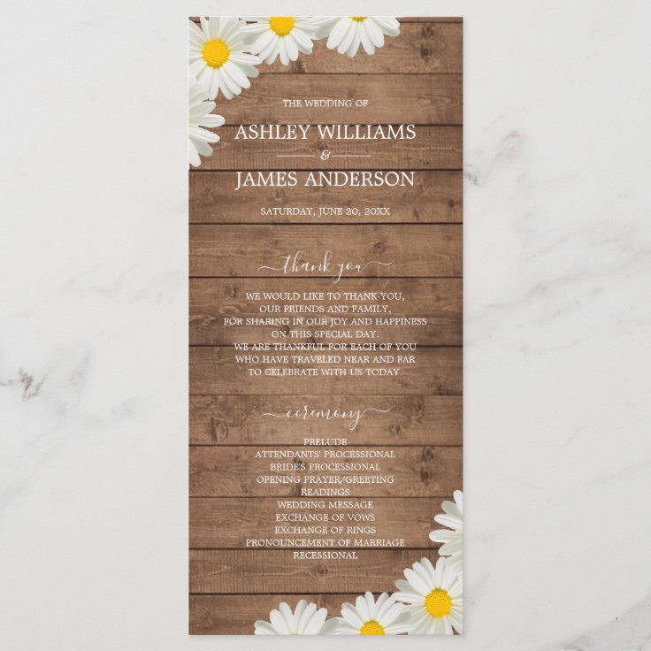 Pretty Daisies White Floral Rustic Wood Wedding Program | Zazzle
