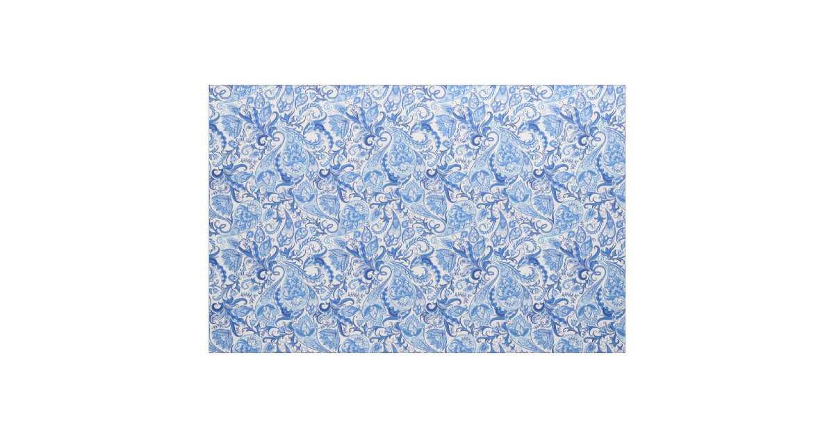 Pretty Dark And Light Blue Floral Paisley Pattern Fabric | Zazzle