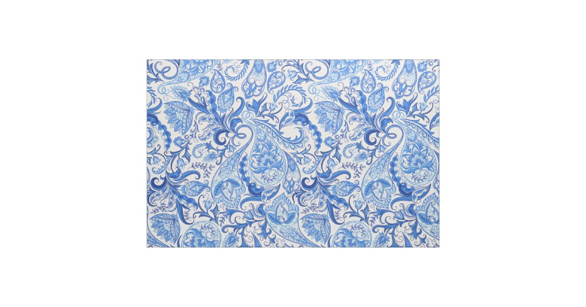 Pretty Dark And Light Blue Floral Paisley Pattern Fabric | Zazzle