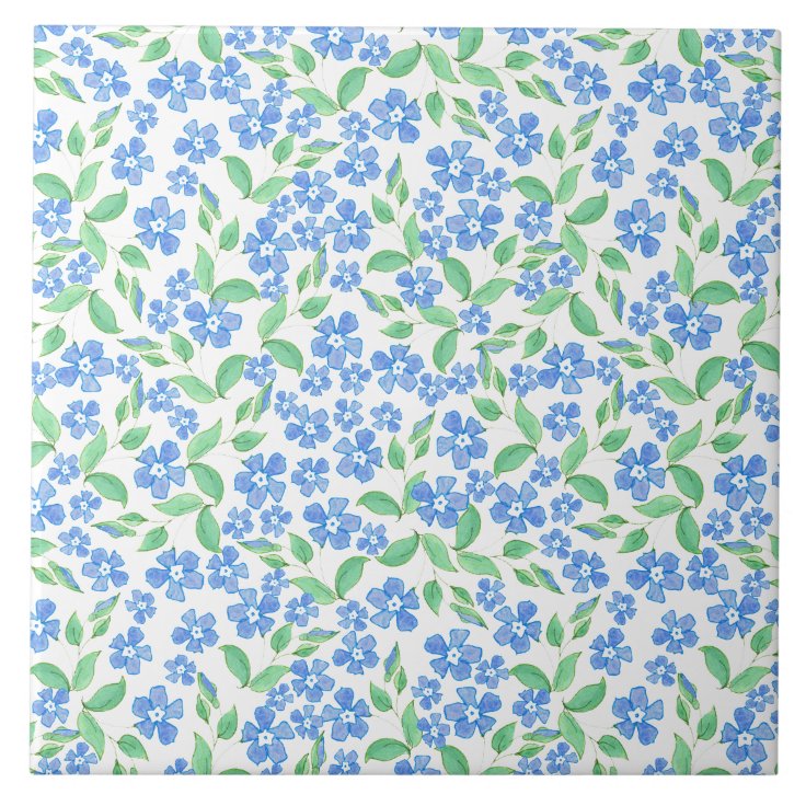 Pretty Ditsy Blue Green White Periwinkle Flowers Ceramic Tile | Zazzle