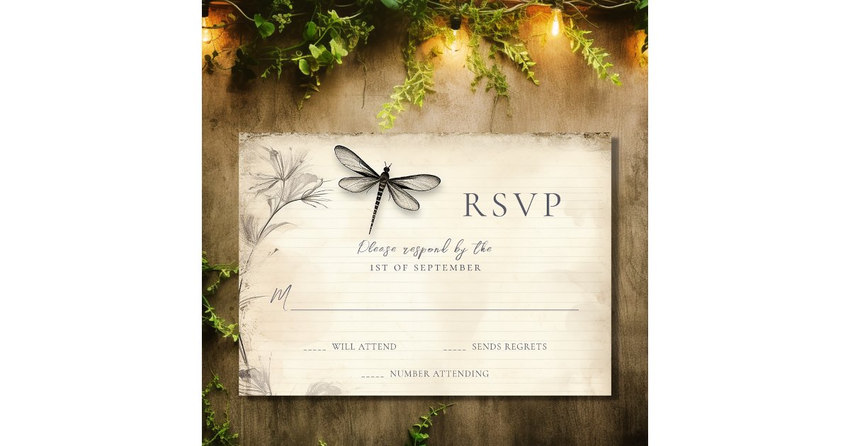 Pretty Dragonfly Sketch Vintage Journal Wedding RSVP Card | Zazzle