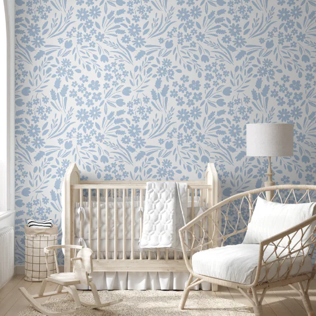 Pretty Dusty Blue Wildflowers Nursery Kids Room Wallpaper | Zazzle