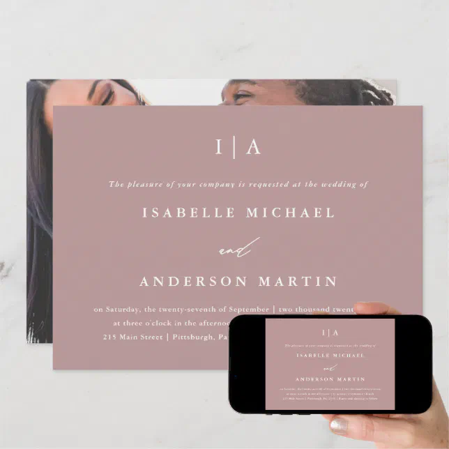 Pretty Dusty Rose Monogram Photo Wedding Invitation | Zazzle
