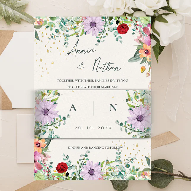 Pretty Elegant Monogram Initials Floral Wedding Invitation Belly Band ...
