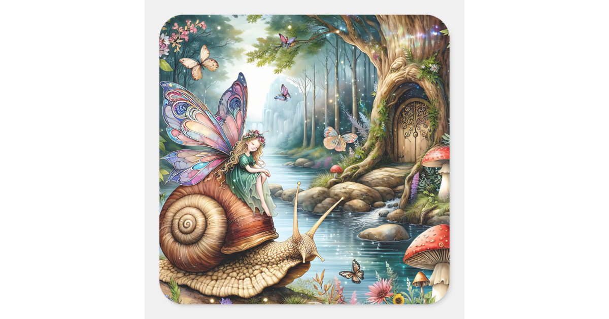 Pretty Fairy Land with cute Snail and Butterflies Square Sticker | Zazzle