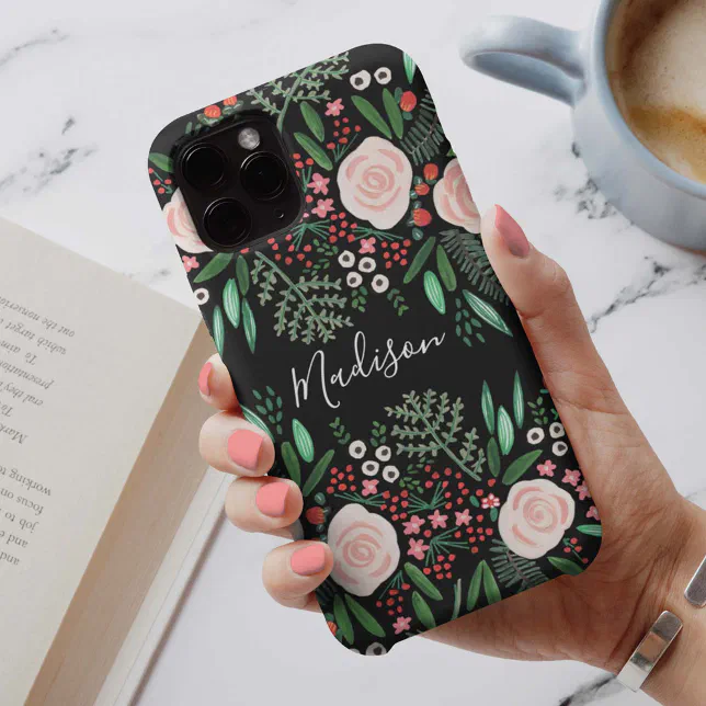Pretty Feminine Black Botanical Floral Roses Case-Mate iPhone Case | Zazzle
