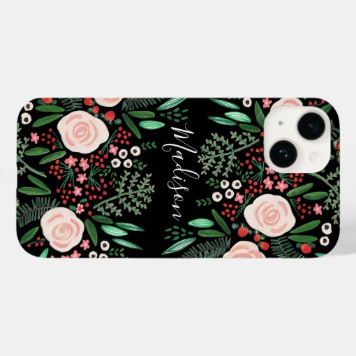 Pretty Feminine Black Botanical Floral Roses Case-Mate iPhone Case | Zazzle