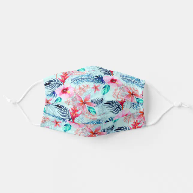 Pretty Ferns and Hibiscus Flower Tropical Pattern Adult Cloth Face Mask ...