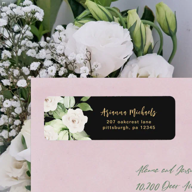 Pretty Floral and Greenery Return Address Black Label | Zazzle