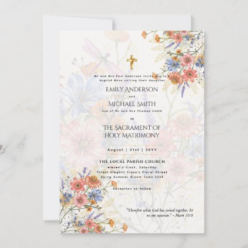 Pretty Floral Catholic Nuptial Mass Wedding Invitation | Zazzle