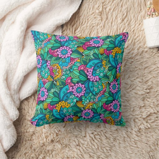 Pretty Floral Design in pinks and greens Throw Pillow | Zazzle