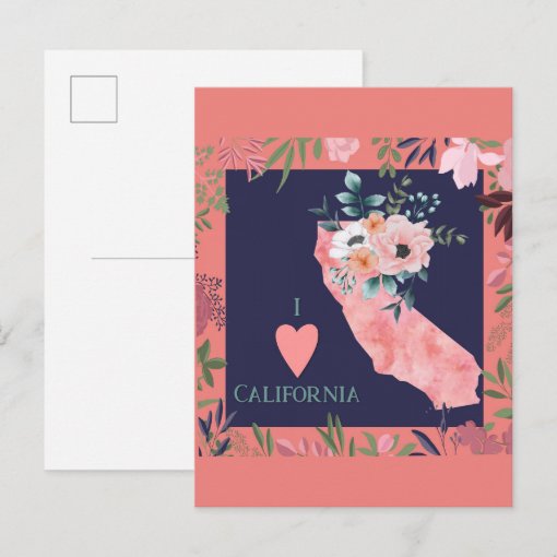 Pretty Floral I Love California State Map Postcard | Zazzle