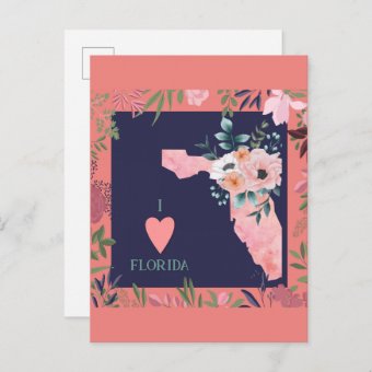Pretty Floral I Love Florida State Map Postcard | Zazzle