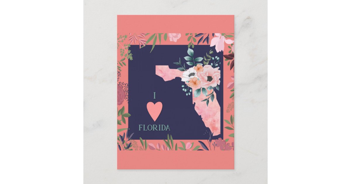 Pretty Floral I Love Florida State Map Postcard | Zazzle