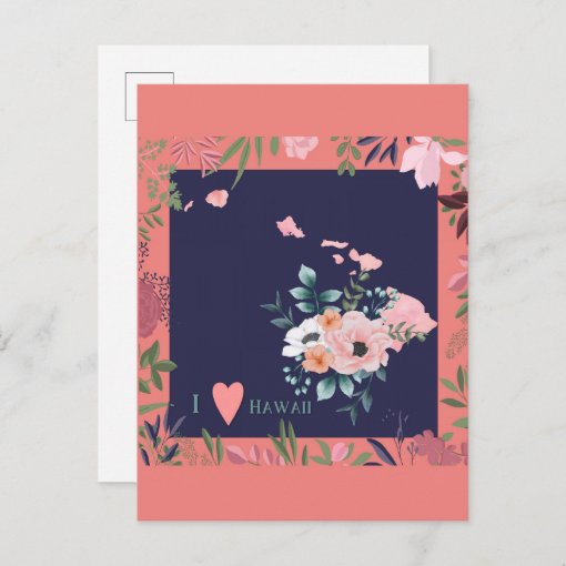 Pretty Floral I Love Hawaii State Map Postcard | Zazzle