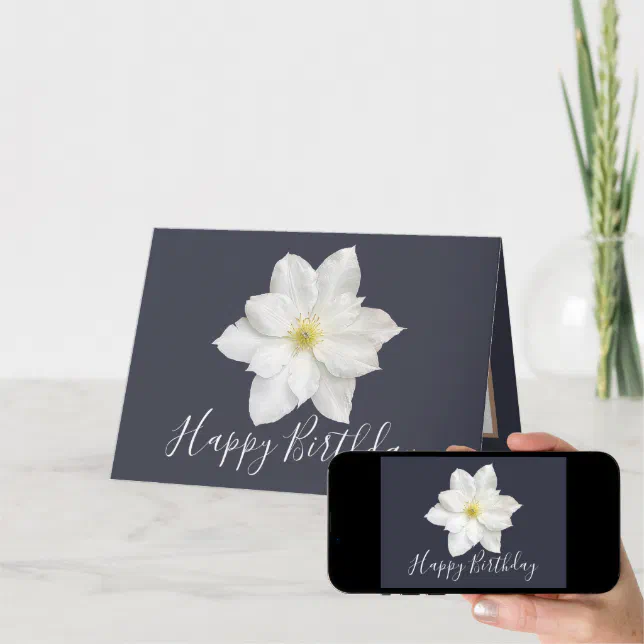 Pretty Floral Modern Clematis Flower Gray Birthday Card | Zazzle