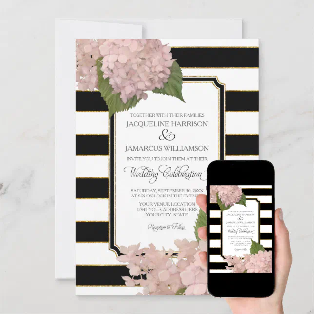 Pretty Floral Modern Elegant Black White Stripe Invitation | Zazzle
