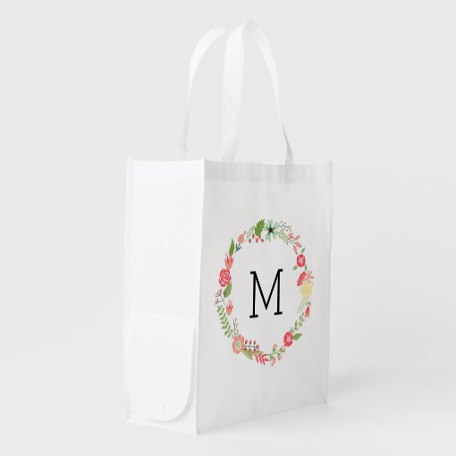 Pretty Floral Monogram Reusable Grocery Bag | Zazzle