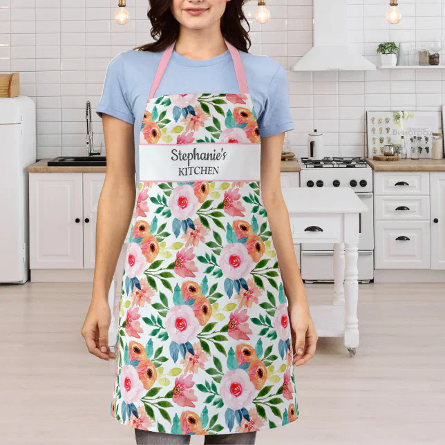 Pretty Floral Print Custom Text Name Personalized Apron | Zazzle