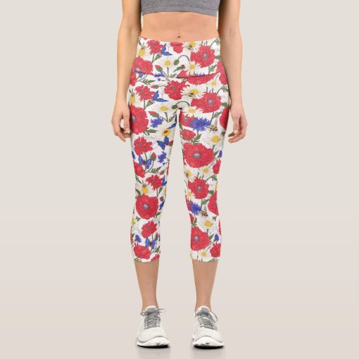 Pretty Floral Print Red Poppies Blue Wildflowers Capri Leggings | Zazzle