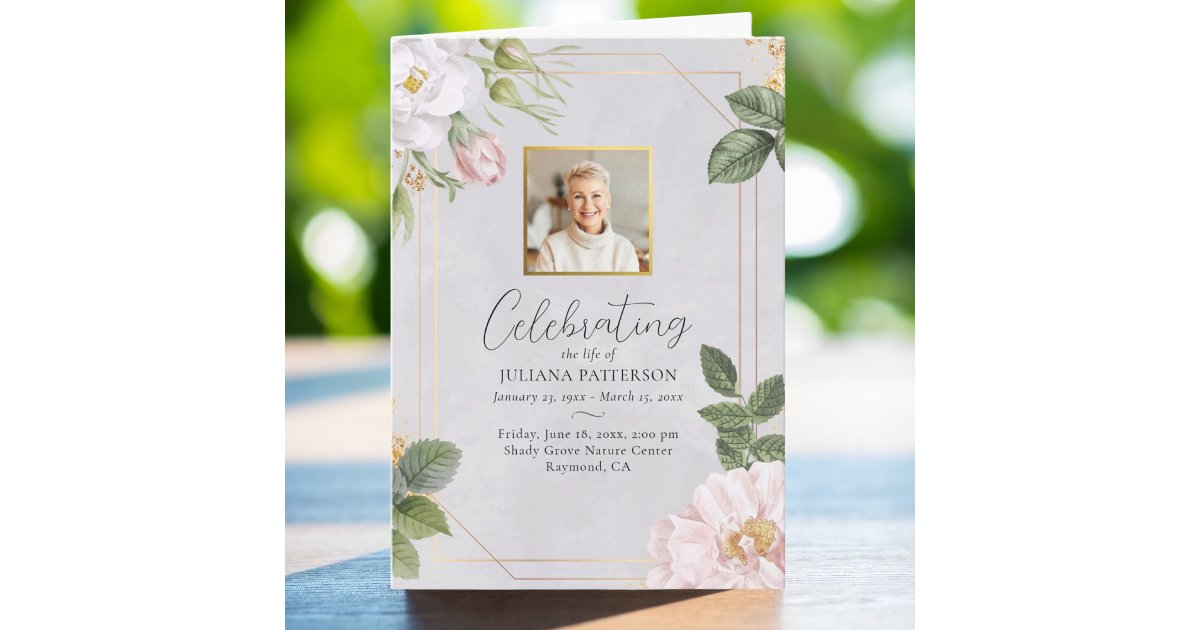 Pretty Floral Rose Photo Order of Service Funeral Program | Zazzle