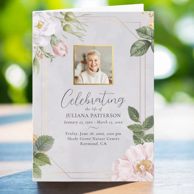 Pretty Floral Rose Photo Order of Service Funeral Program | Zazzle