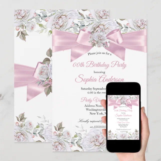 Pretty Floral Roses Pink White Birthday Party Invitation | Zazzle