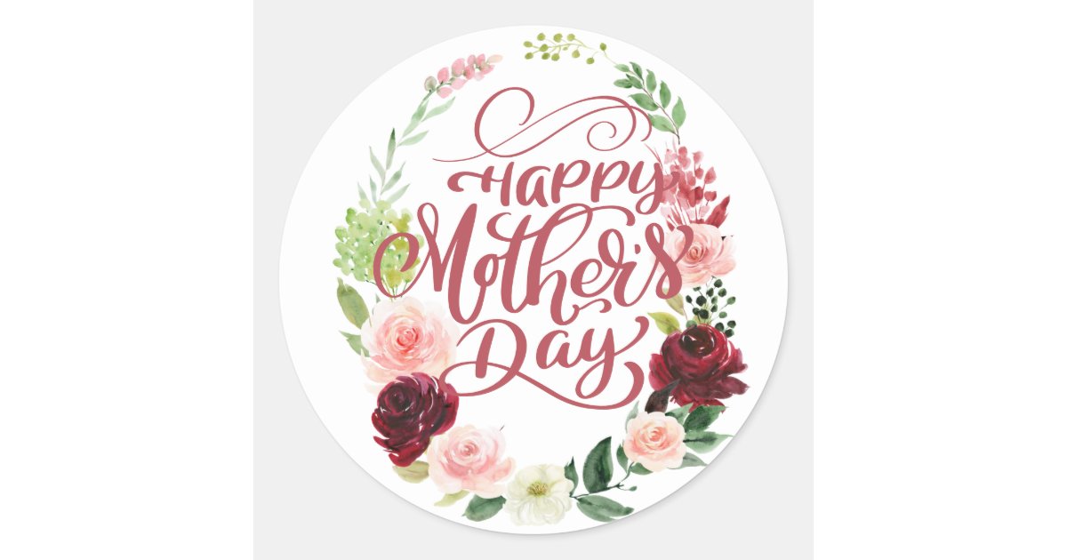 Pretty Floral Wreath Happy Mother's Day Classic Round Sticker | Zazzle
