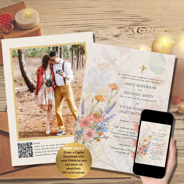 Pretty Flowers Catholic Mass Photo Wedding Invitation | Zazzle