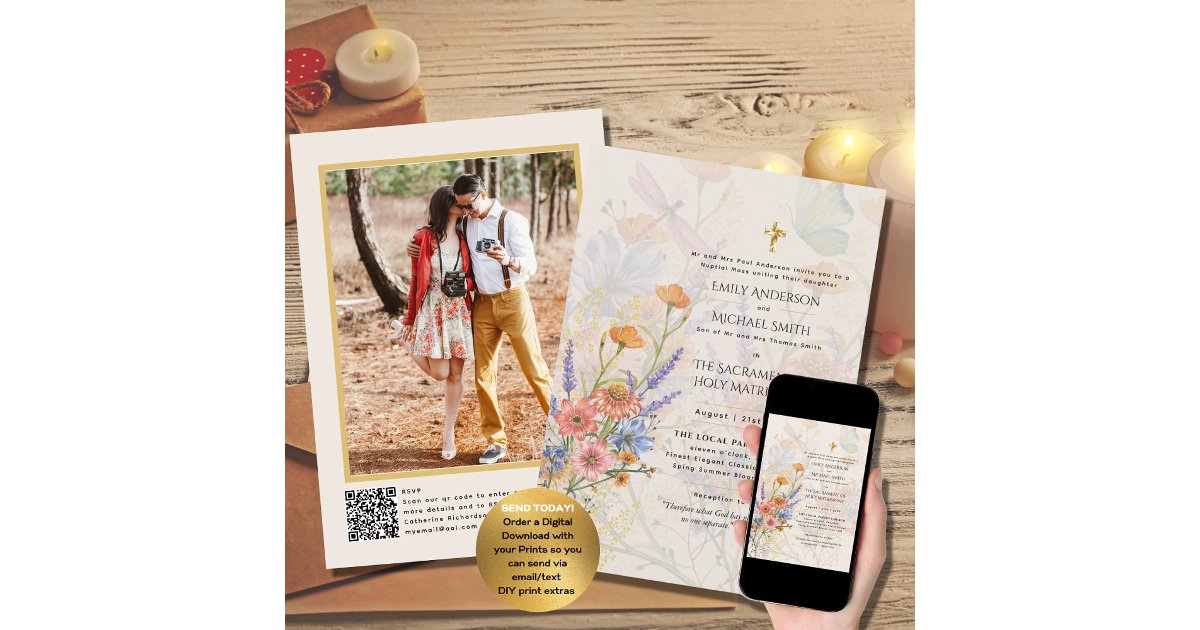 Pretty Flowers Catholic Mass Photo Wedding Invitation | Zazzle