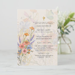 Pretty Flowers Catholic Mass Photo Wedding Invitation | Zazzle