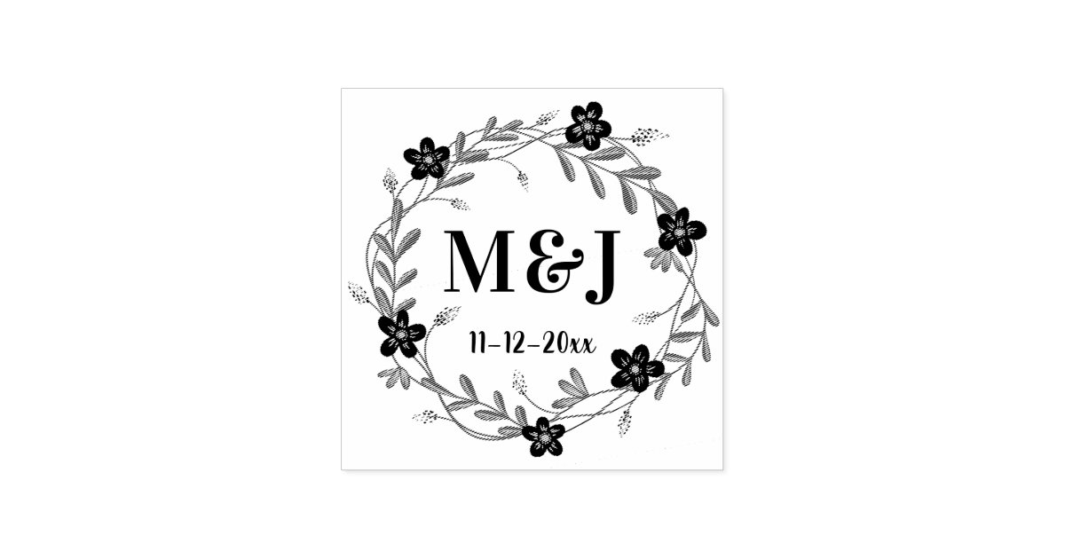 Pretty Flowers Monograms and Date Custom Wedding Rubber Stamp | Zazzle