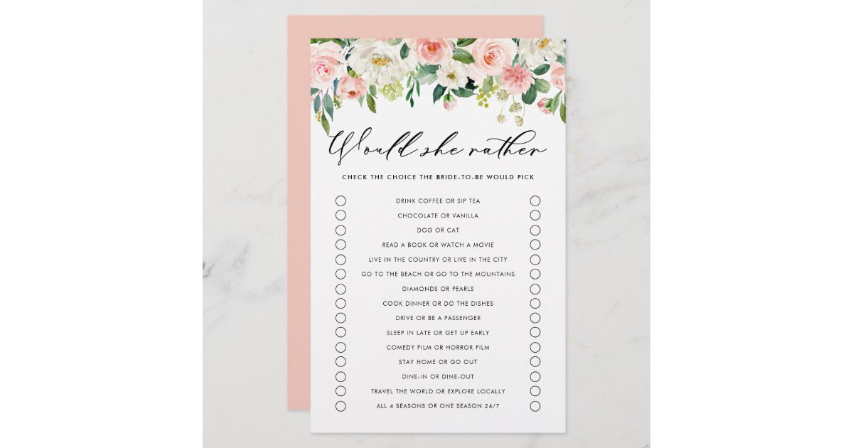 Pretty Flowers Would She Rather Bridal Shower Game | Zazzle