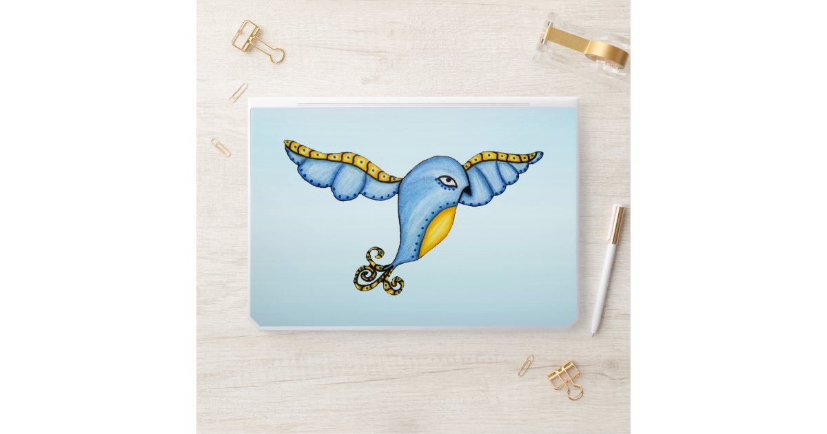 Pretty Flying Fantasy Bluebird Yellow Accents Tail HP Laptop Skin | Zazzle