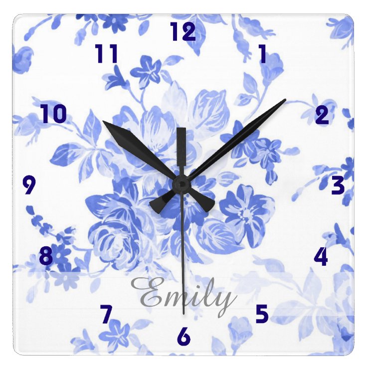 pretty french blue delft look blue white floral square wall clock | Zazzle