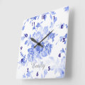 pretty french blue delft look blue white floral square wall clock | Zazzle