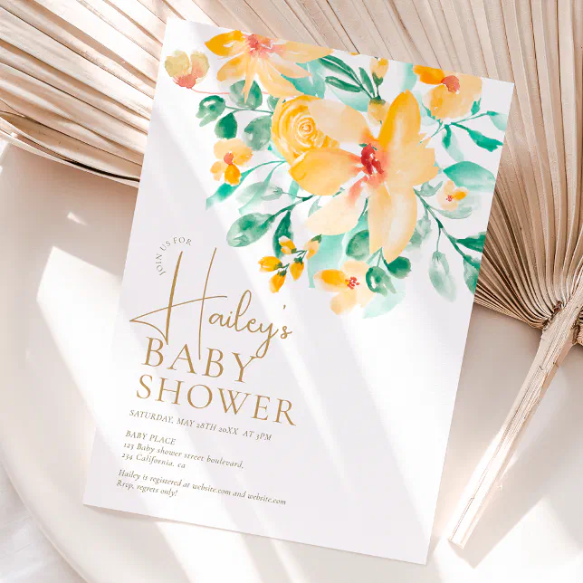 Pretty garden yellow green floral baby shower invitation | Zazzle